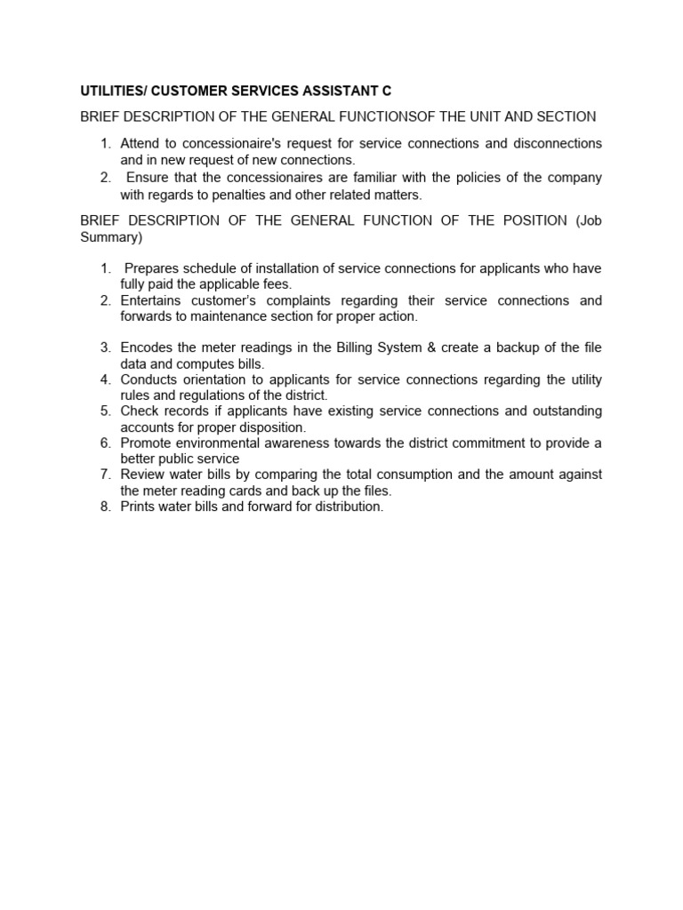 Customer Services Assistant Responsibilities | PDF