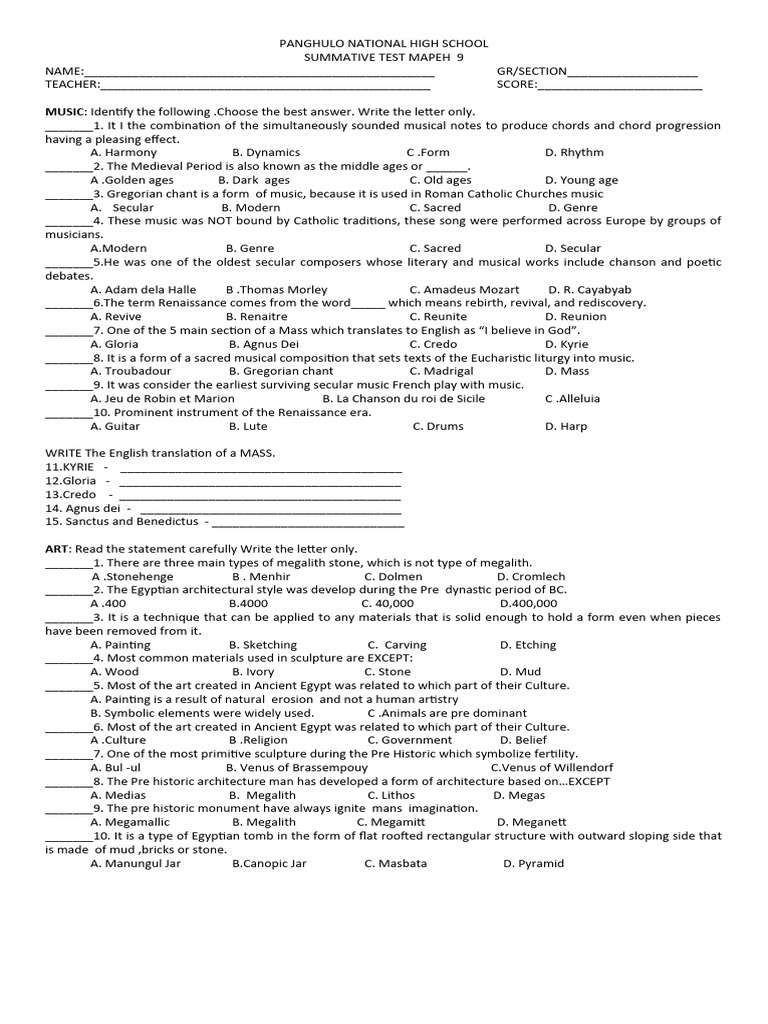 Summative MAPEH 9 Sy20 21 | Download Free PDF | Waste | Ancient Egypt