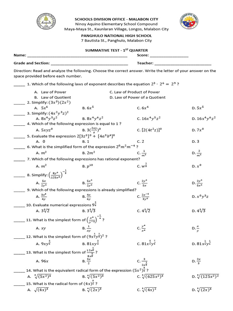 Summative Test 1st 2020 | Download Free PDF | Mathematics ...
