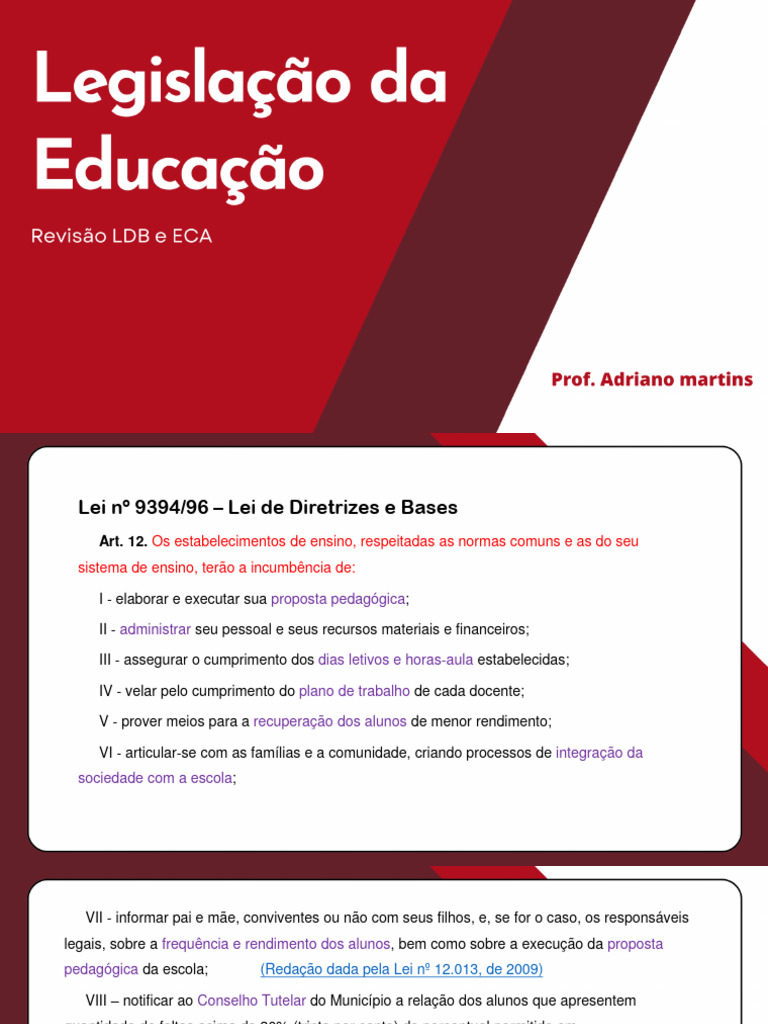 Questões de Provas Revisão LDB Responsabilidades e ECA | PDF | Pedagogia | Escolas