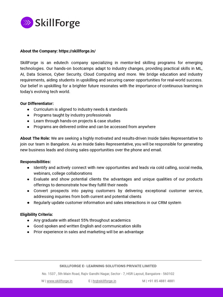 SkillForge - Inside Sales JD is+PPO | PDF | Sales | Educational Technology