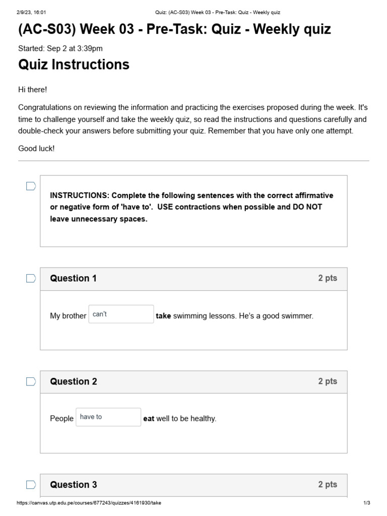 Week 03 Grammar Quiz Instructions | PDF