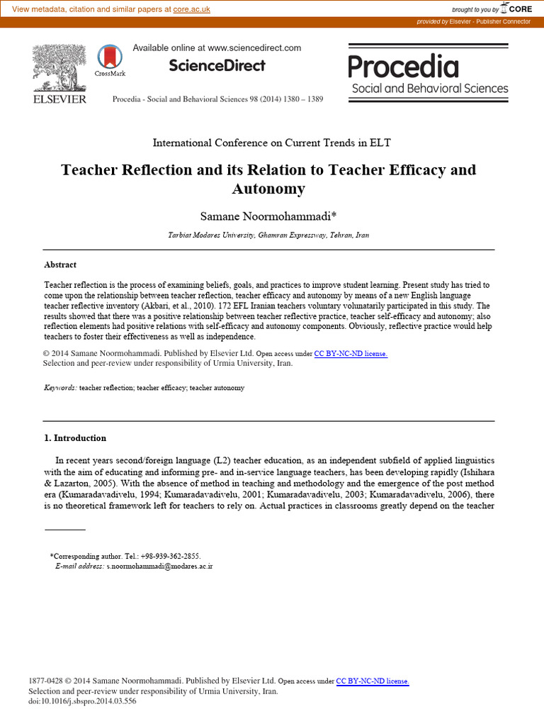Teacher Reflection and Its Relation To Teacher Efficacy and Autonomy | Download Free PDF | Self ...