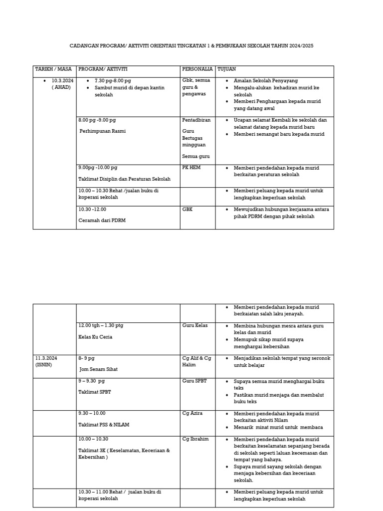 CADANGAN PROGRAM MINGGU PERTAMA PERSEKOLAHAN 2024 | PDF