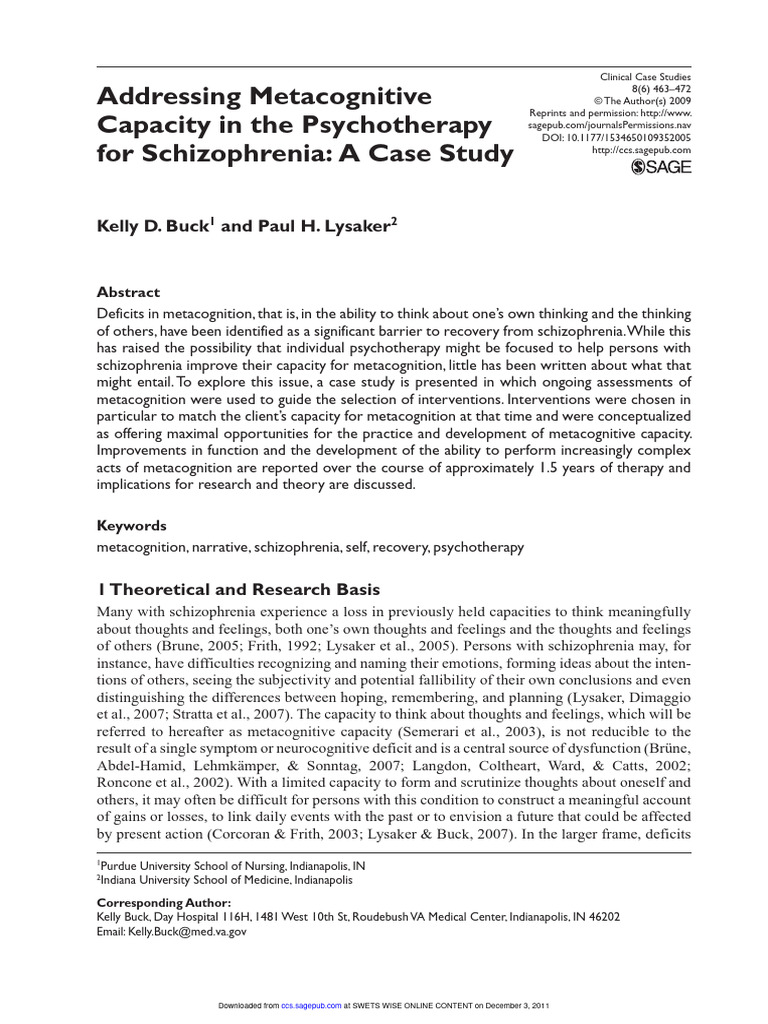Schizophrenia Case Study | PDF | Psychotherapy | Metacognition