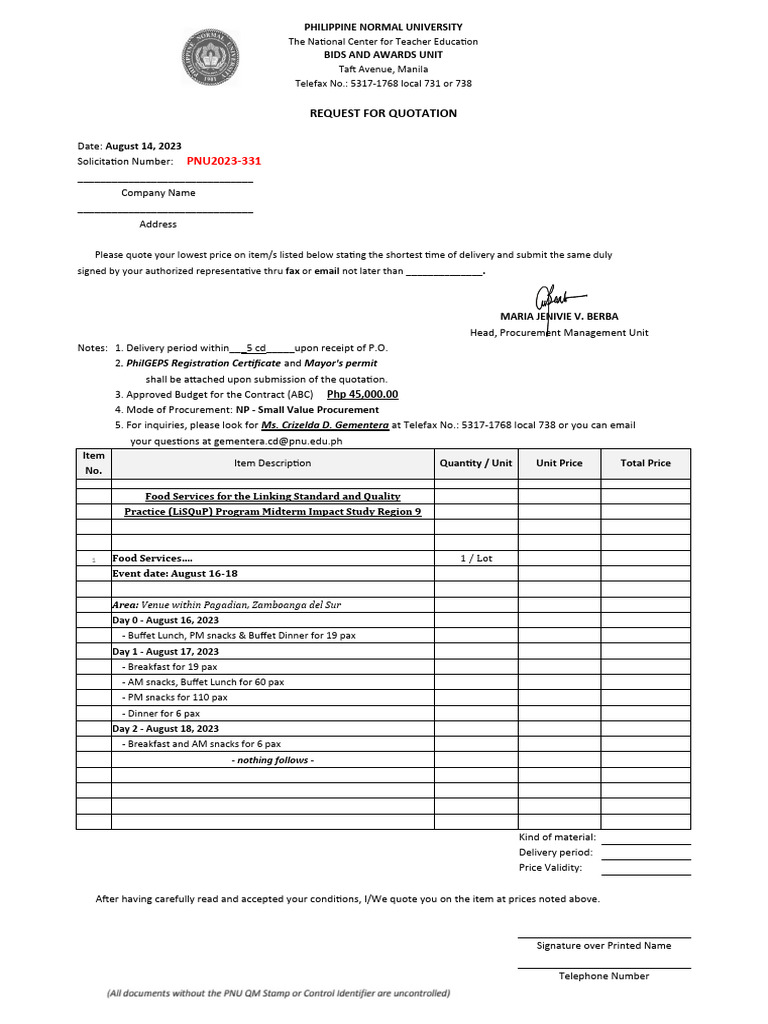 Request for Quotation: Food Services PNU | PDF