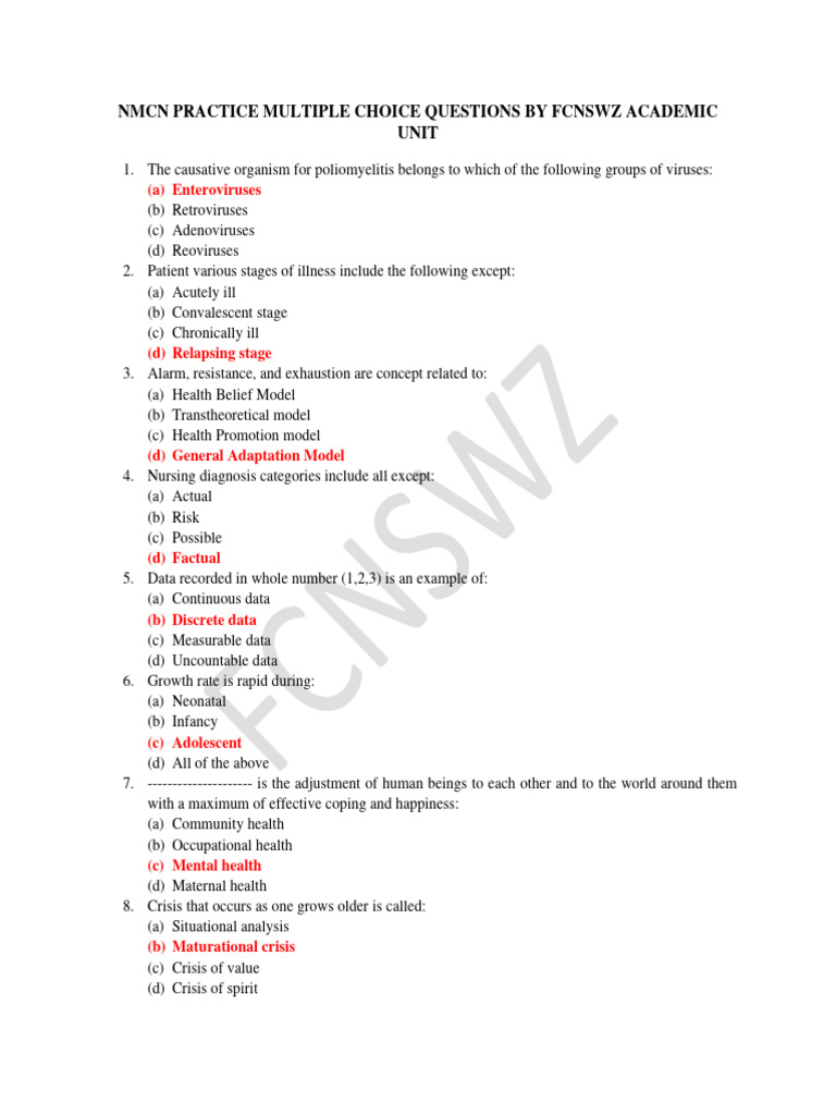 NMCN Practice MCQs for Nursing Students | PDF | Surgery | Medical Specialties