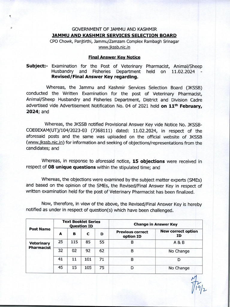Final Ans Key Vet Pharma 19020224 | PDF