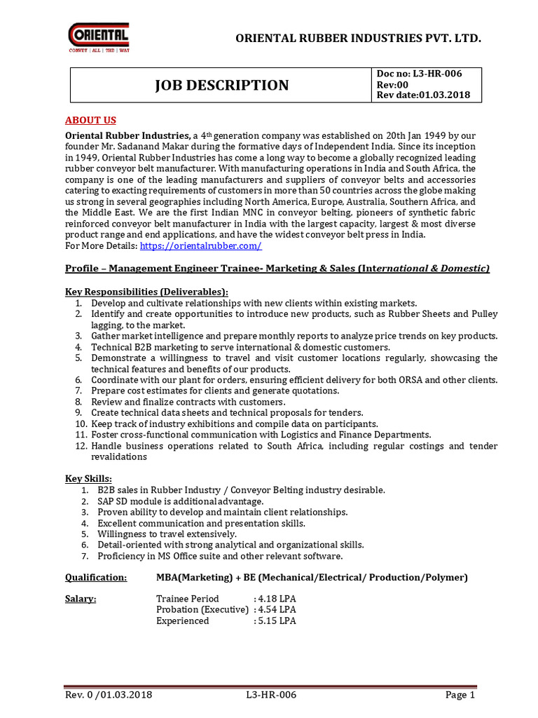 JD - Management Engineer Trainee | PDF | Belt (Mechanical) | Marketing