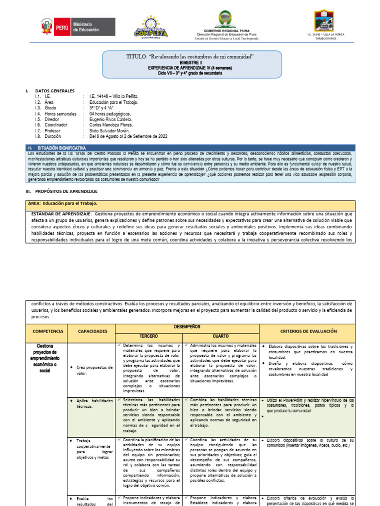 EXPERIENCIA DE APRENDIZAJE V 3° Y 4° EPT | PDF | Aprendizaje | Evaluación