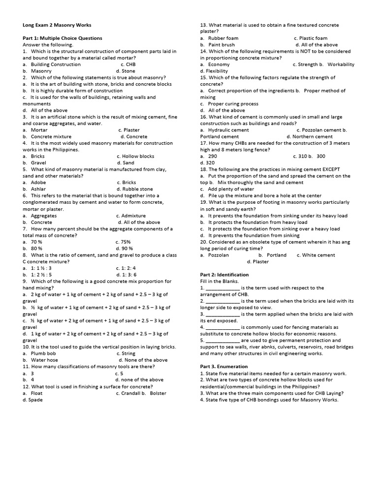 Long Exam 2 Masonry Works | PDF | Concrete | Cement