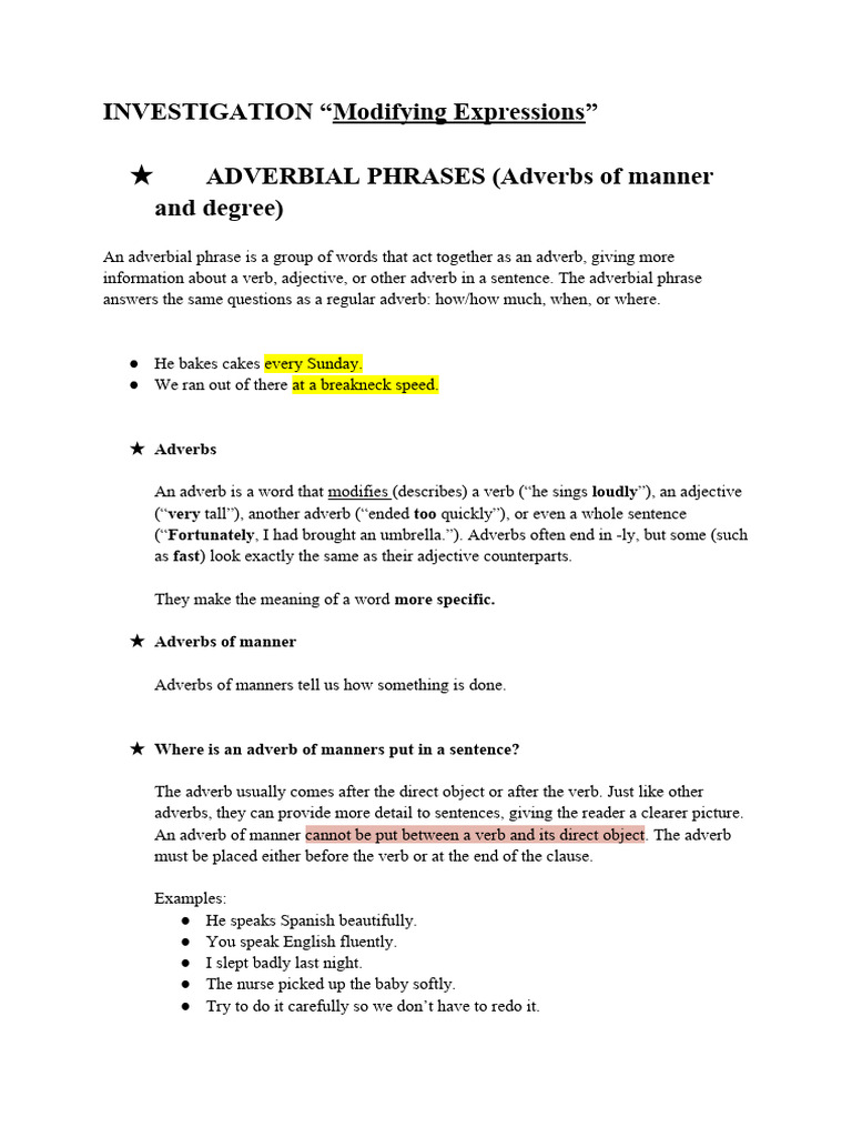 U7L1 Adverbial Phrases (Adverbs of Manner and Degree) - Modifying ...