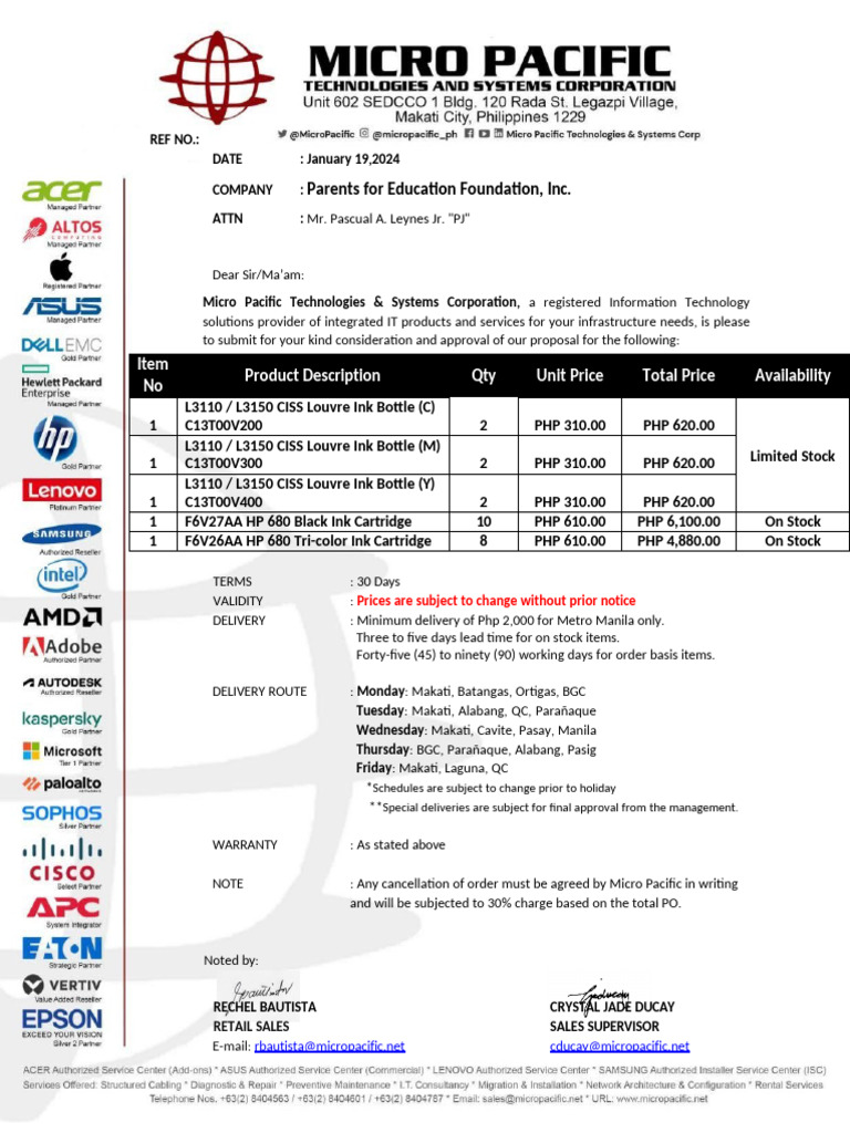 Quotation-Epson and HP Consumbales January 19 | PDF | Metro Manila