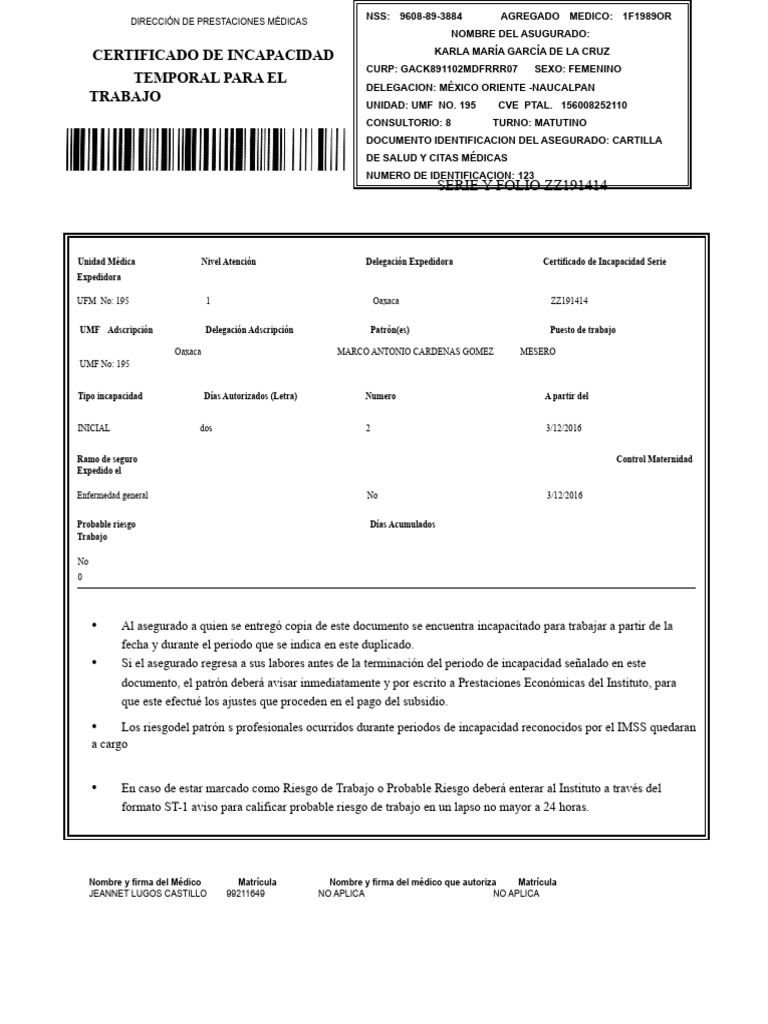 Formato Incapacidad Imss | PDF