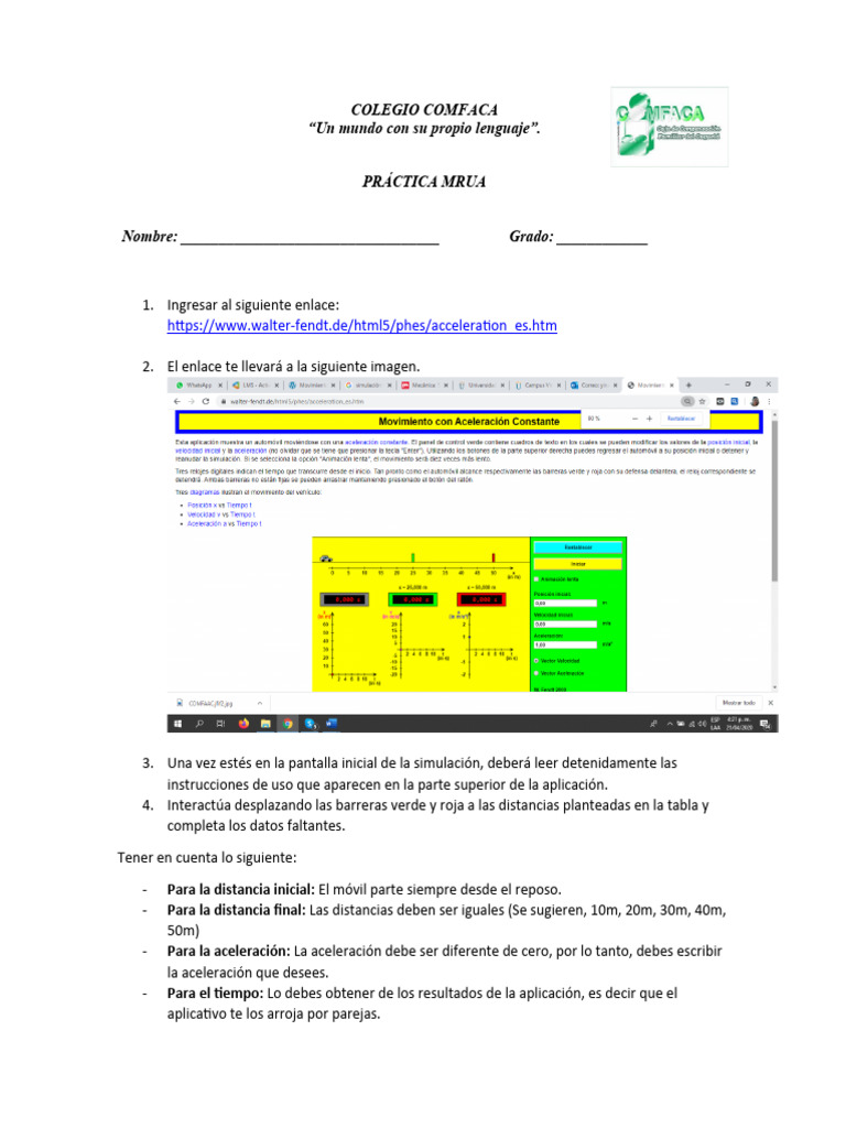 Guía 2. Practica virtual MRUA | PDF