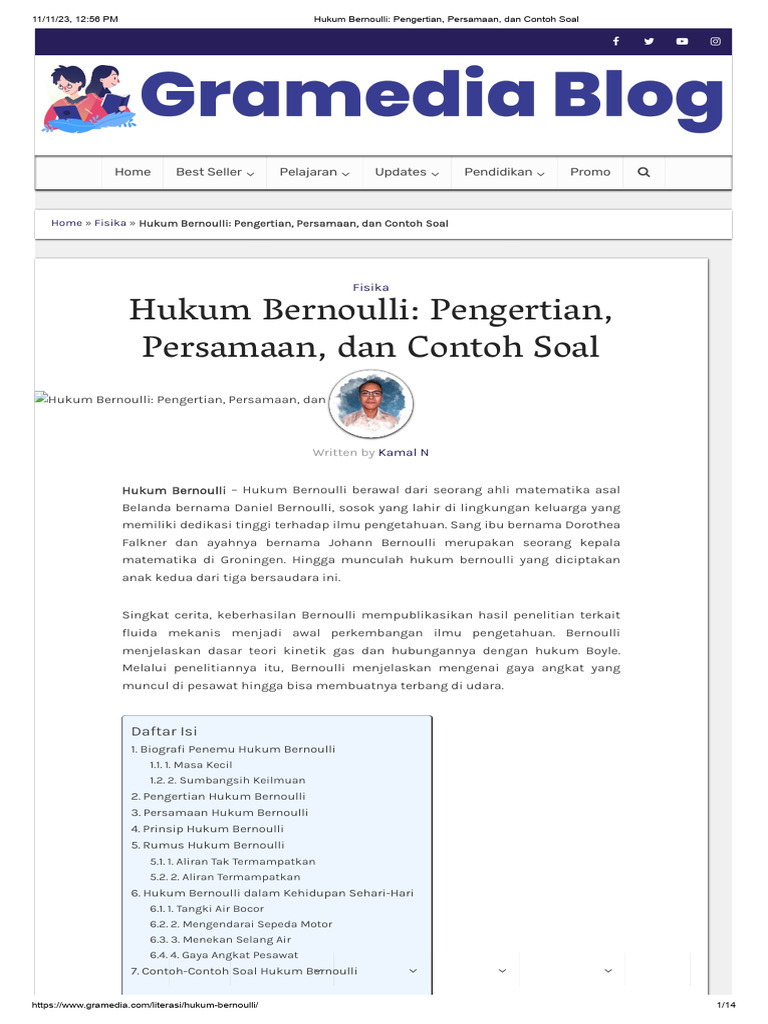 Hukum Bernoulli - Pengertian, Persamaan, Dan Contoh Soal | PDF
