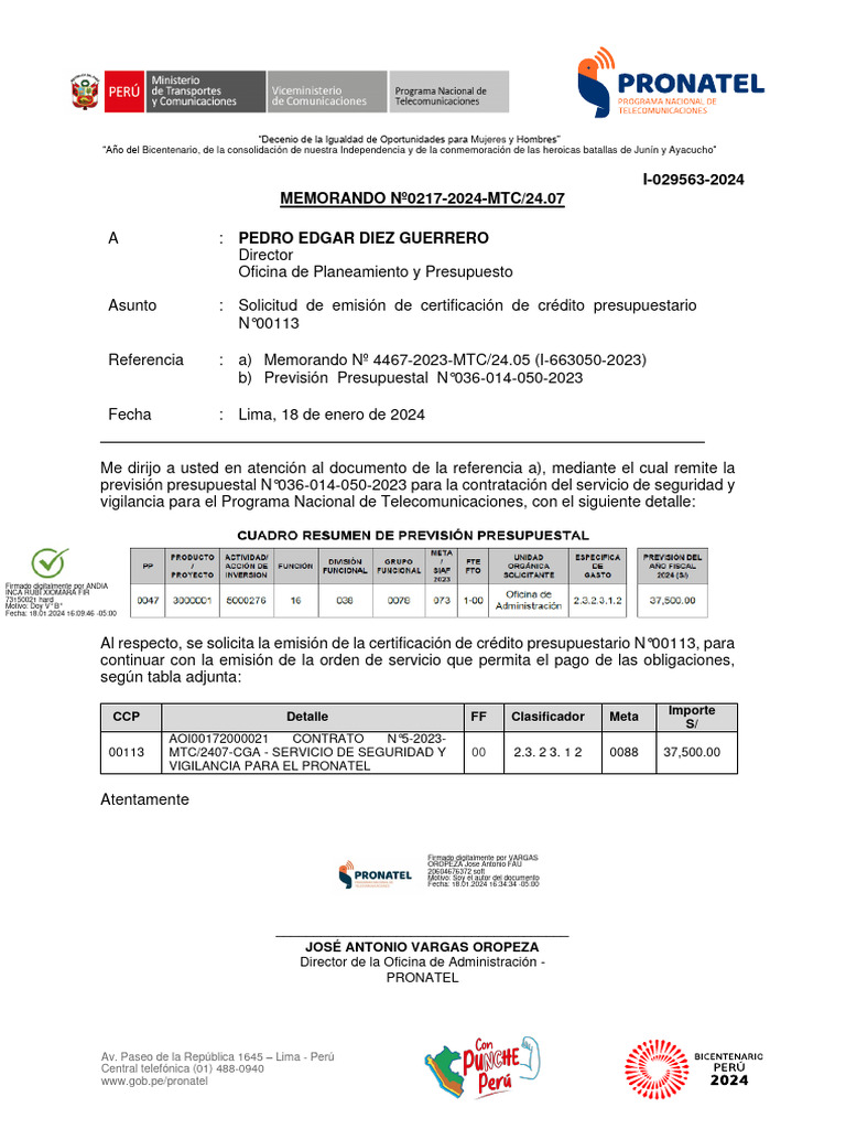 Memorando Nº0217-2024-Mtc24.07 | PDF