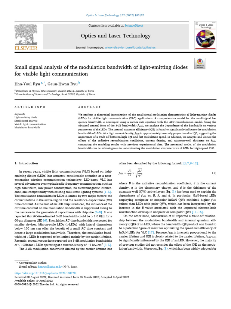 Small Signal Analysis Of The Modulation Bandwidth Of Light Emitting