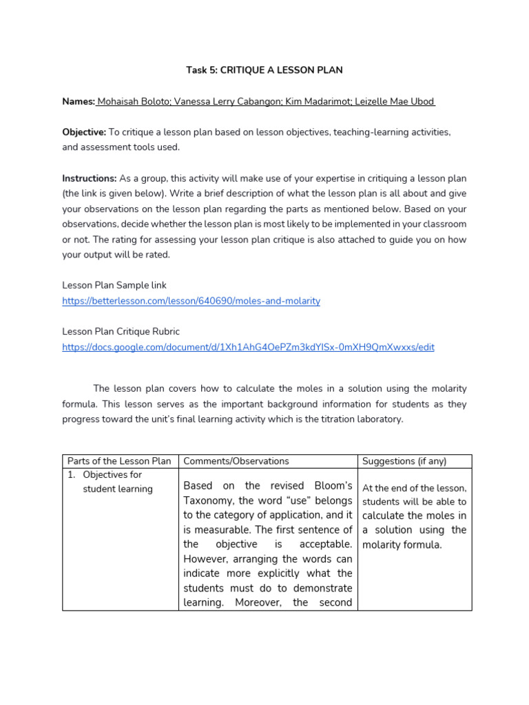 Task 5 - Critique A Lesson Plan | PDF | Lesson Plan | Teachers