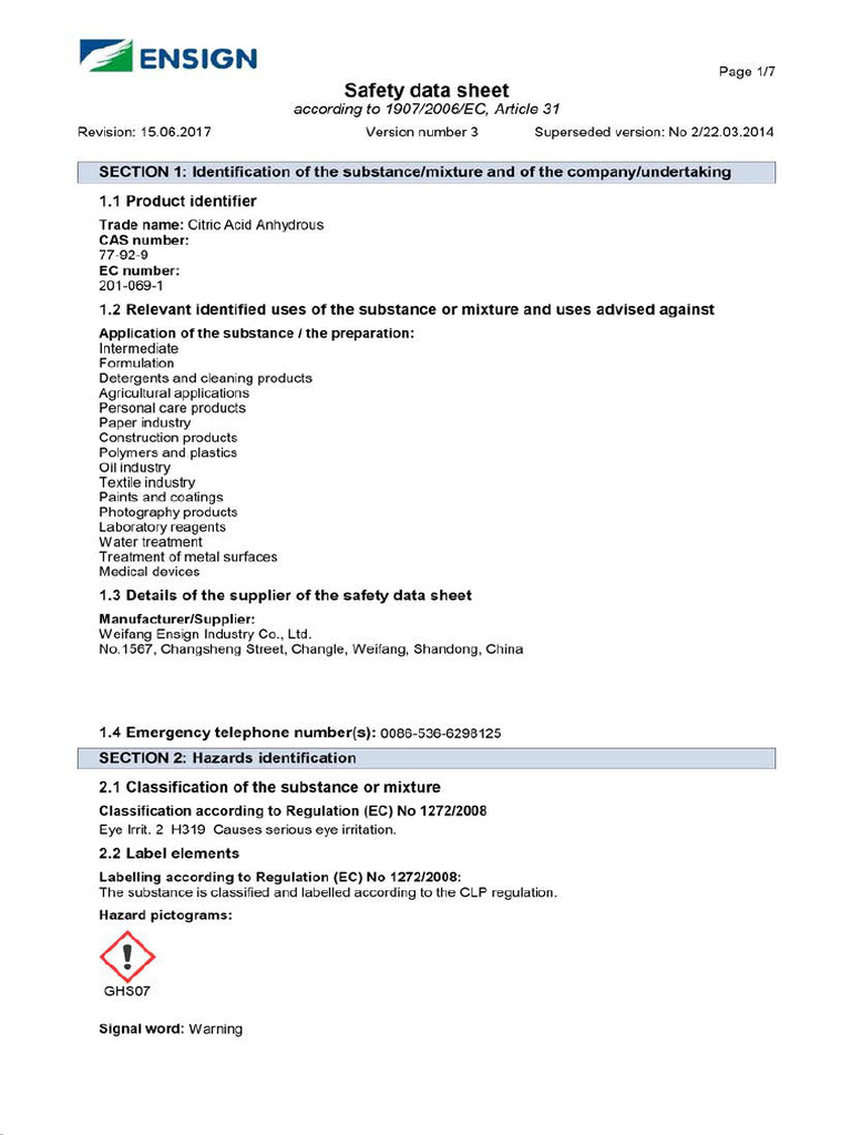 MSDS Acid Citric | PDF