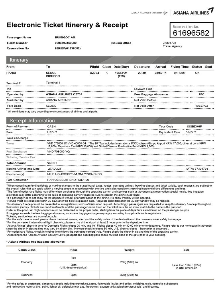 VE DIEN TU Itinerary Receipt | PDF | Airlines