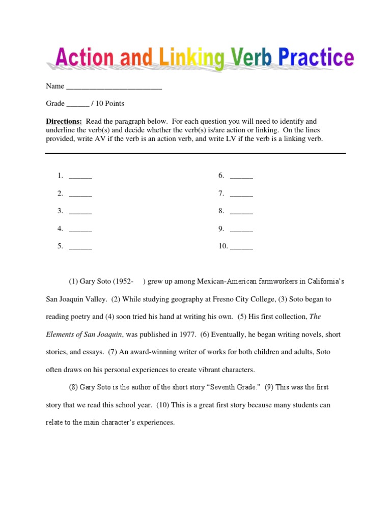 Action vs. Linking Verbs Exercise | PDF