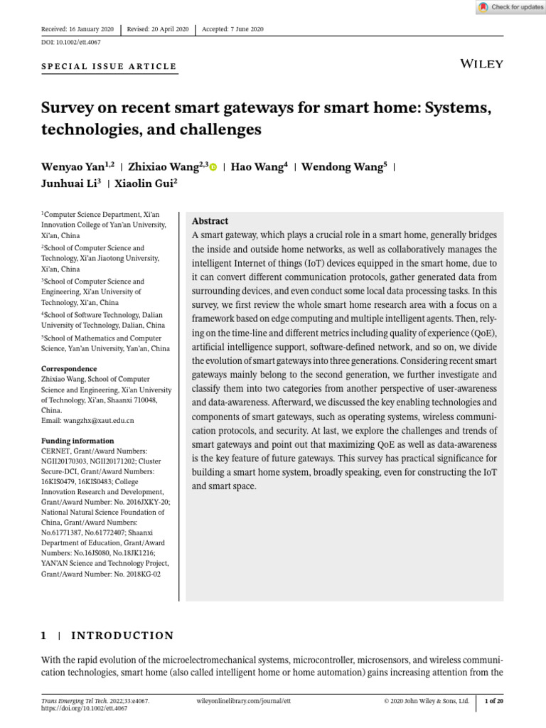 Transactions on Emerging Telecommunications Technologies - 2020 - Yan - Survey on recent smart ...