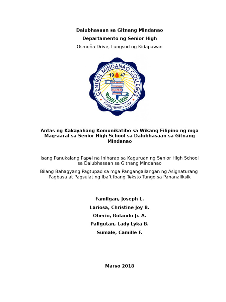 Antas NG Kakayahang Komunikatibo Sa Wikang Filipino NG Mga Mag Aaral Sa Senior High School Sa ...