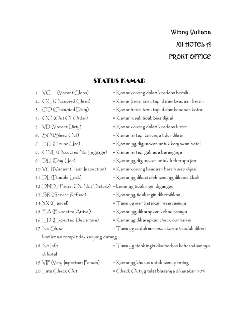 Hotel Room Status Codes | PDF