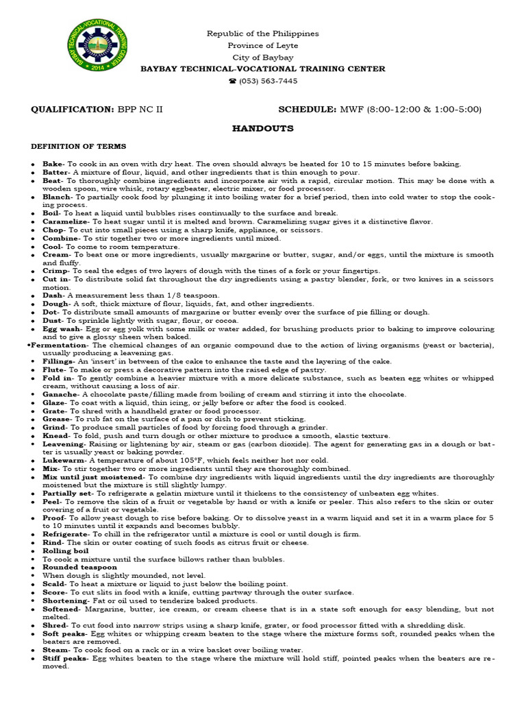 Hand Outs For BPP NC II. | PDF | Breads | Cakes