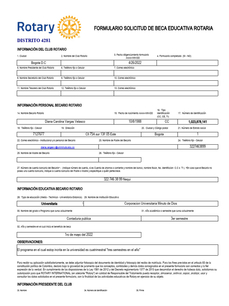 Formulario Solicitud de Beca Educativa Rotaria-2 | PDF
