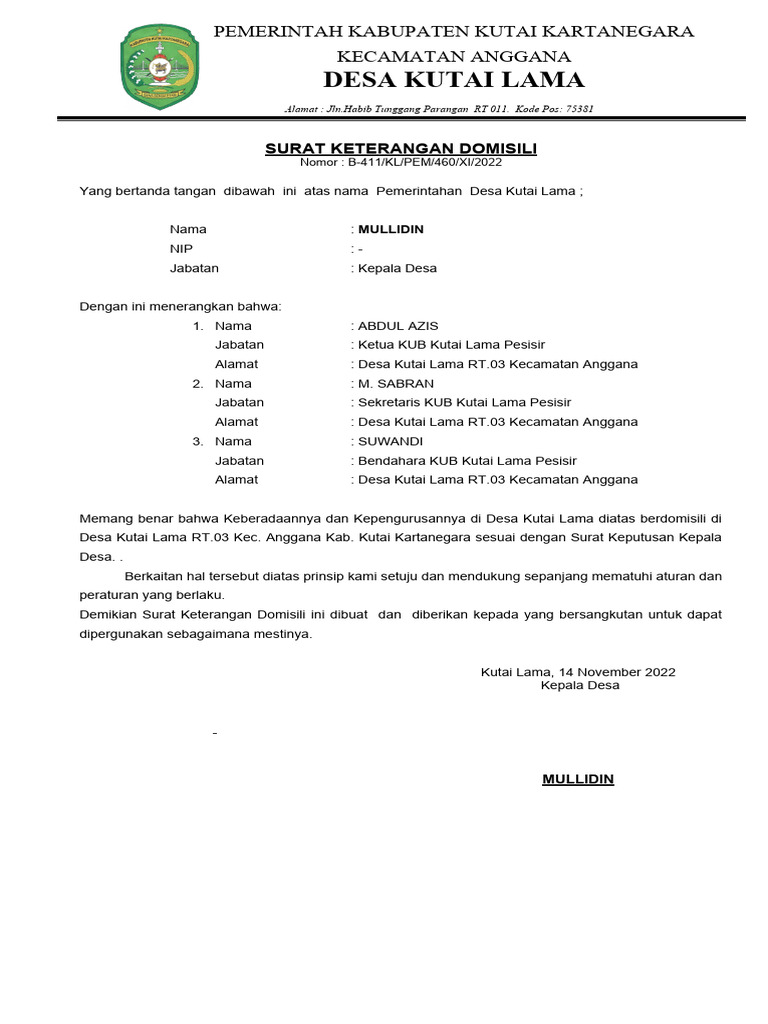 SK Domisili Kub Kutai Lama Pesisir | PDF