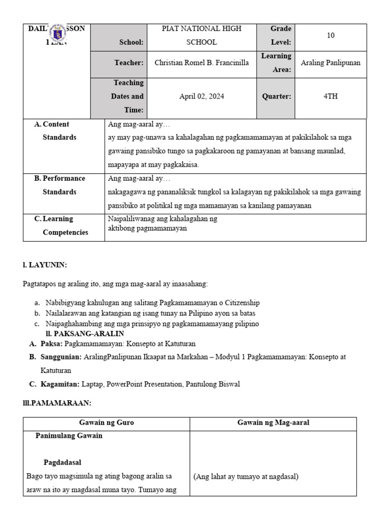 Daily Lesson Plan Q4 Day 1 | PDF
