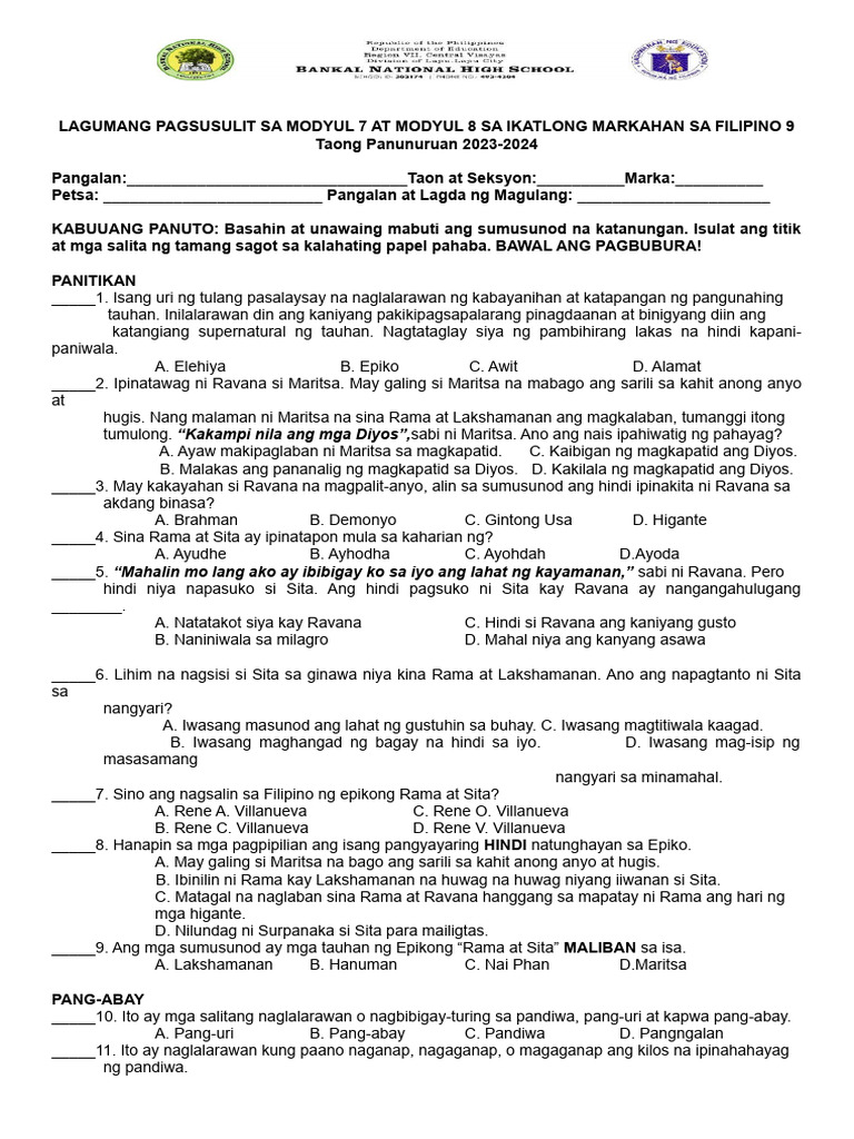 Lagumang Pagsusulit Sa Filipino 9 Modyul 7 at Modyul 8 Ikatlong Markahan Sy 2023 2024 | PDF