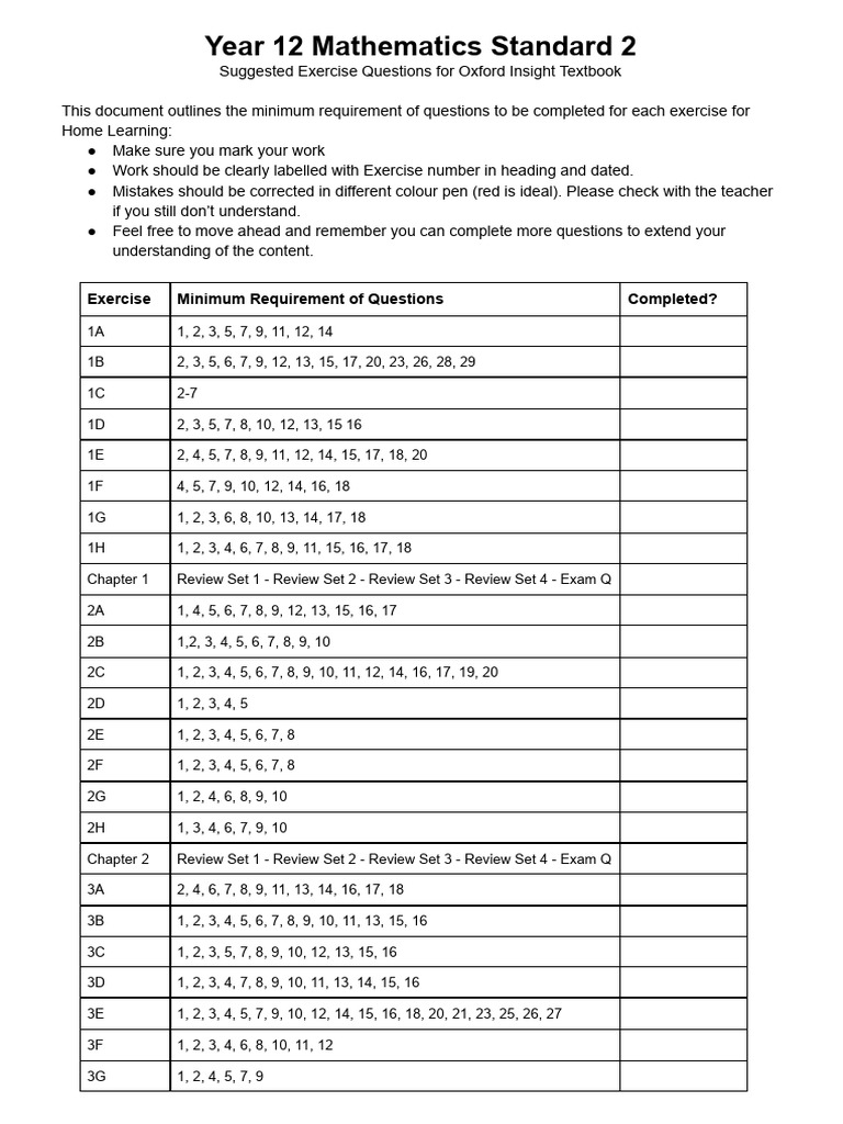 Year 12 Math Standard 2 Exercises Guide | PDF