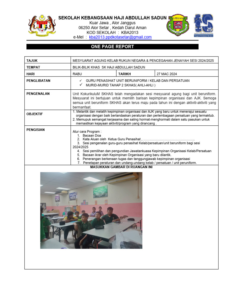 ONE PAGE REPORT MESYUARAT AGUNG UNIT KOKURIKULUM Persatuan SKHAS 2024 | PDF
