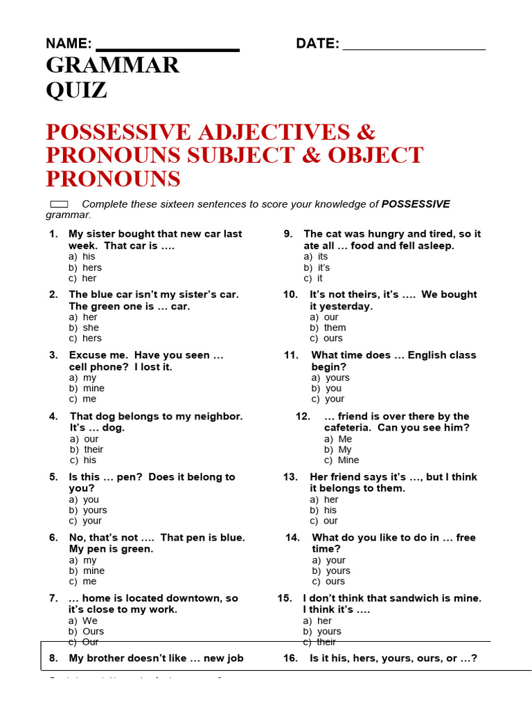 Atg-Quiz-Poss Adj Pron-Subj Obj | PDF | Syntax | Morphology