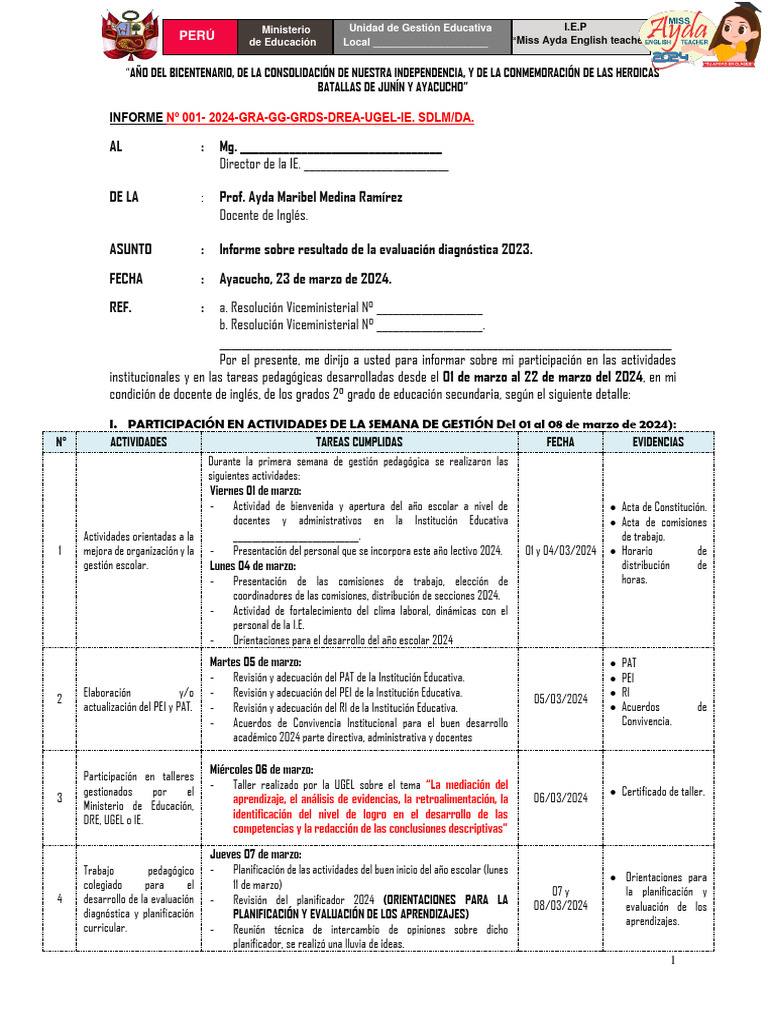 Informe Sobre La Evaluación Diagnóstica 2° - Jer - Miss Ayda - 2024 | PDF | Evaluación | Léxico