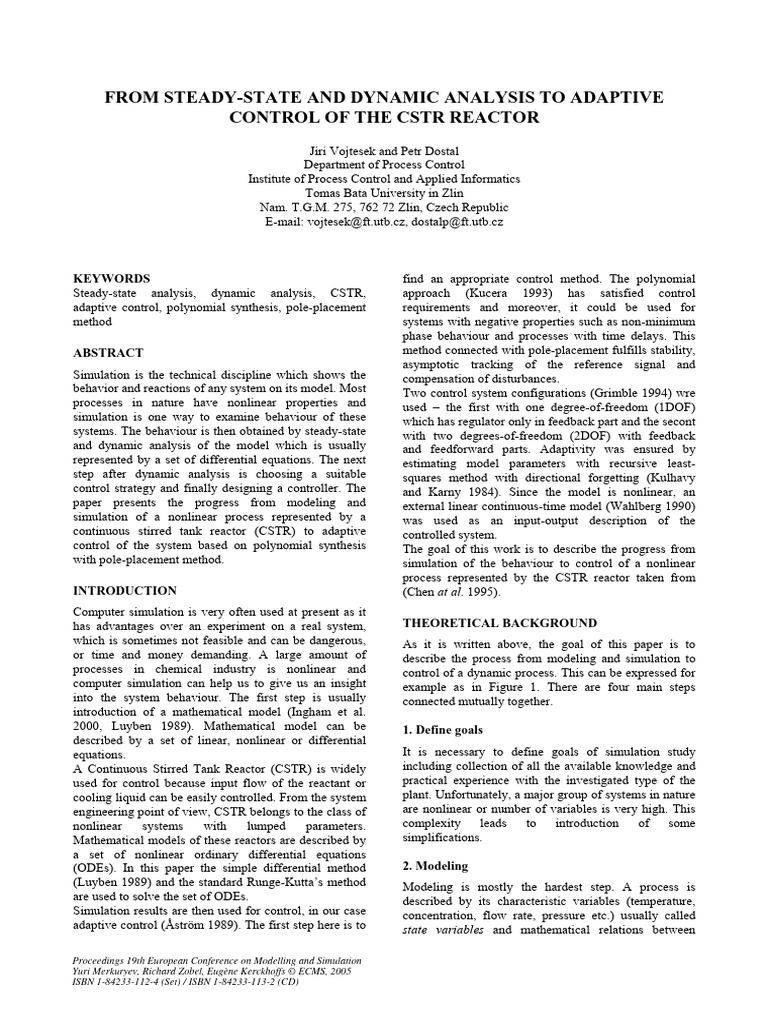 CSTR Reactor Adaptive Control Analysis | PDF | Nonlinear System | Chemical Reactor