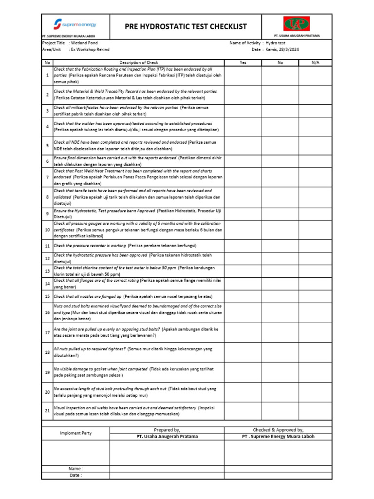 Hydrostatic Test Checklist | PDF