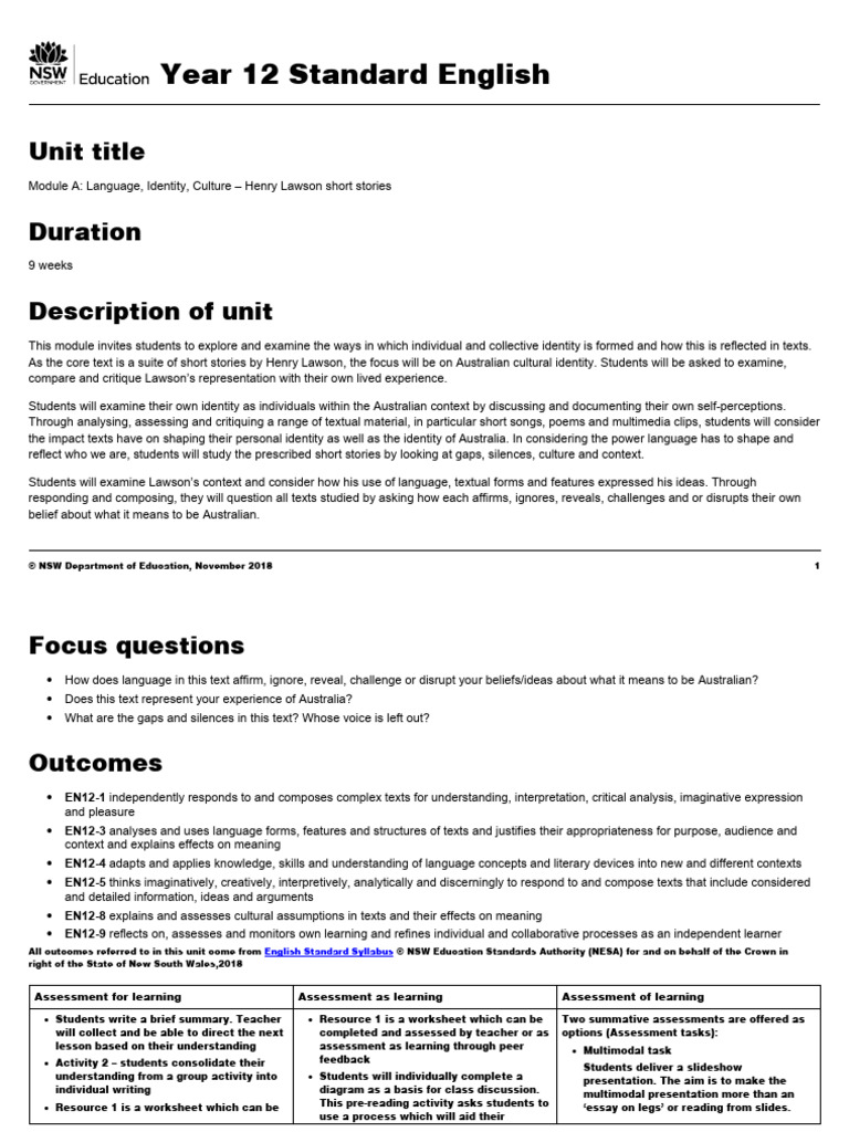 English Standard s6 Henry Lawson Unit Module A | PDF | Educational Assessment | Rubric (Academic)