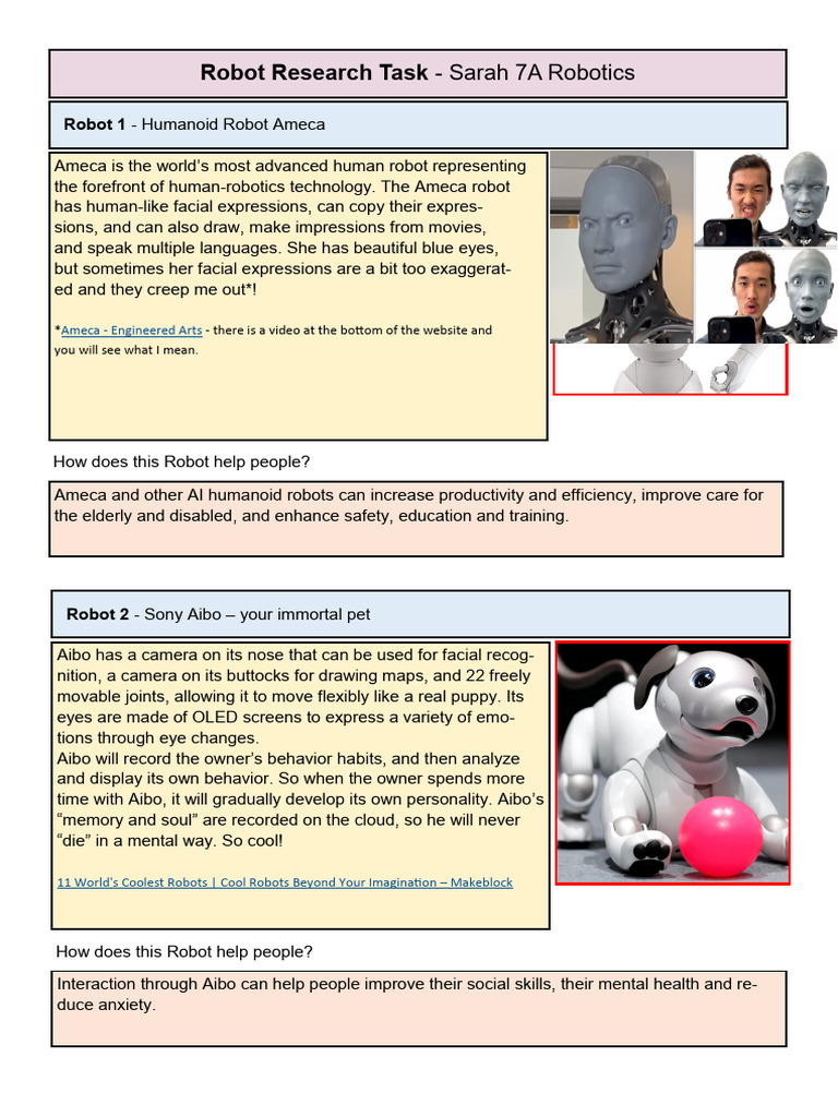 Sarah - Research Task | PDF | Robot | Robotics