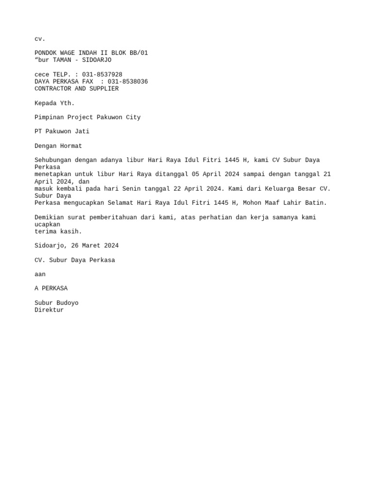 Surat Libur Lebaran CV Subur Daya Perkasa | PDF