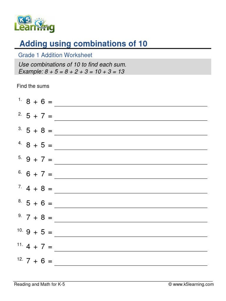 Grade 1 Addition: Combinations of 10 | PDF