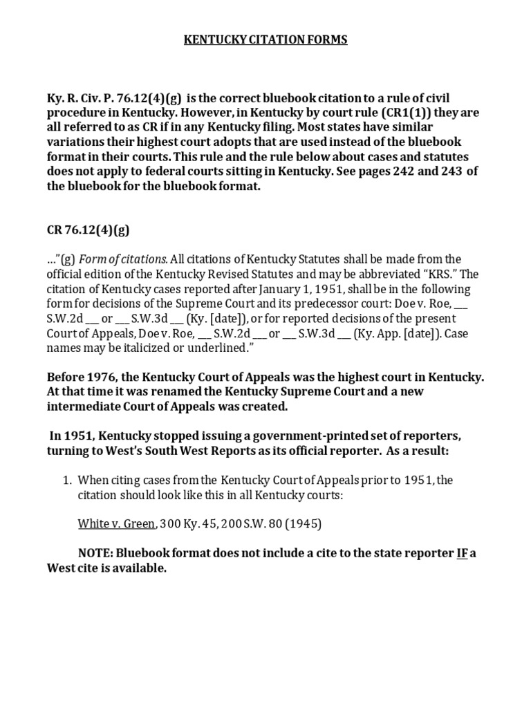 Kentucky Citation Forms | PDF | Case Citation | Supreme Court Of The ...