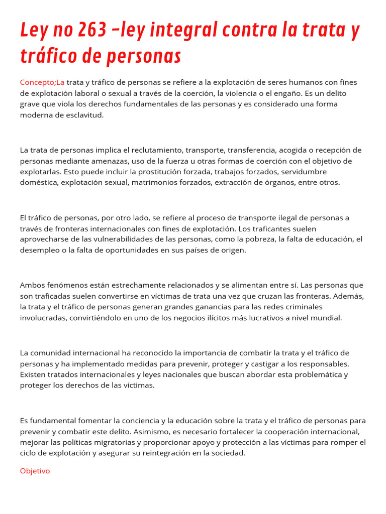 Ley No 263 - Ley Integral Contra La Trata y Tráfico de Personas - 20231127 - 200359 - 0000 | PDF ...