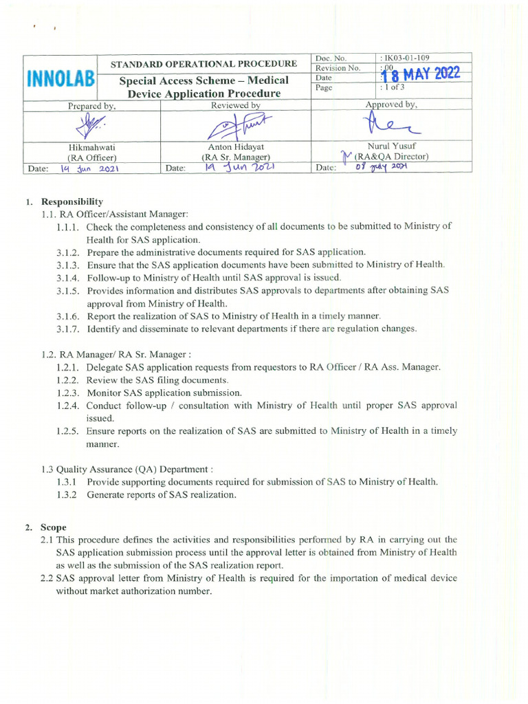 IK03-01-109 SOP Special Access Scheme - Medical Device Application ...