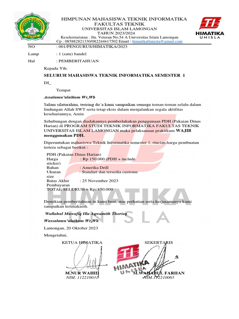 Surat Pemberitahuan Pembayaran PDH | PDF