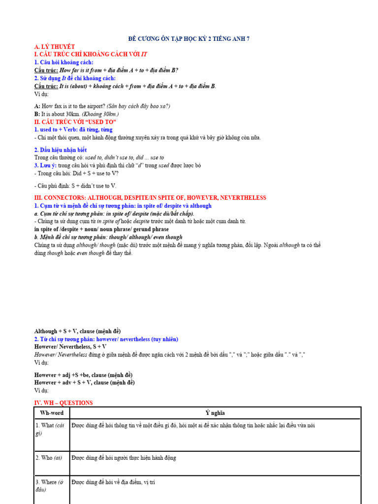 Đề Cương Ôn Tập Học Kỳ 2 Tiếng Anh 7 | PDF