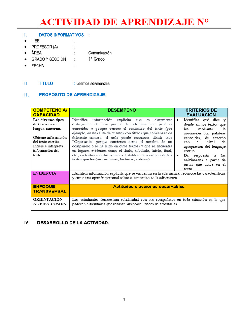 Sesion Leemos Adivinanzas | PDF | Evaluación | Aprendizaje